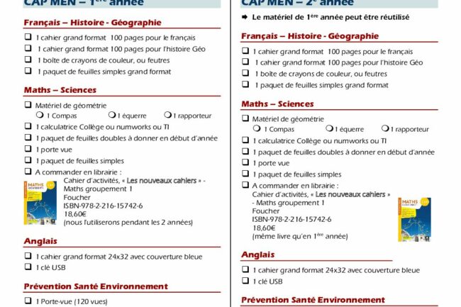 Fournitures Scolaires 2022-2023 CAP vder - Menuisier - Lycée Don Bosco ...